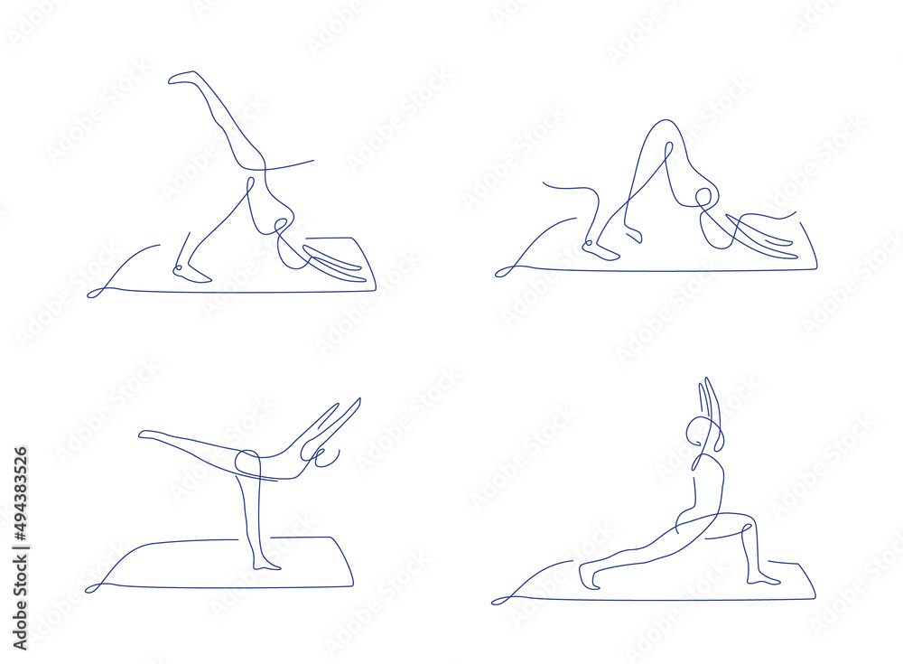 Pilates line art poses set. outline vector illustration. one line yoga ...