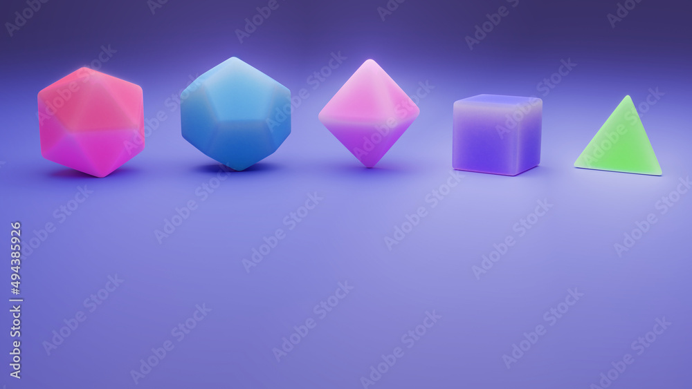 line of colourful Platonic solids on a blue surface with empty copy ...