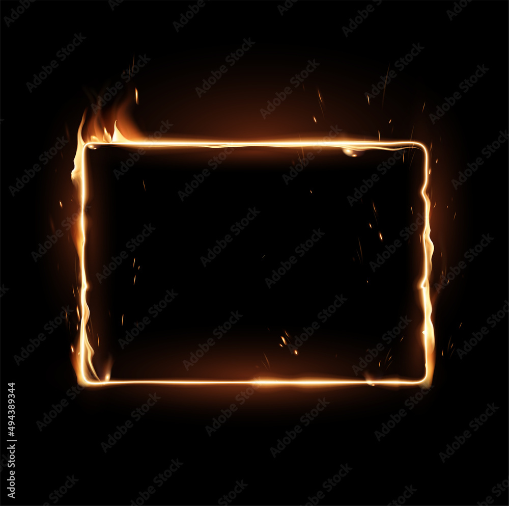 Rectangular frame drawn with a fiery line. A special transparent smoke ...