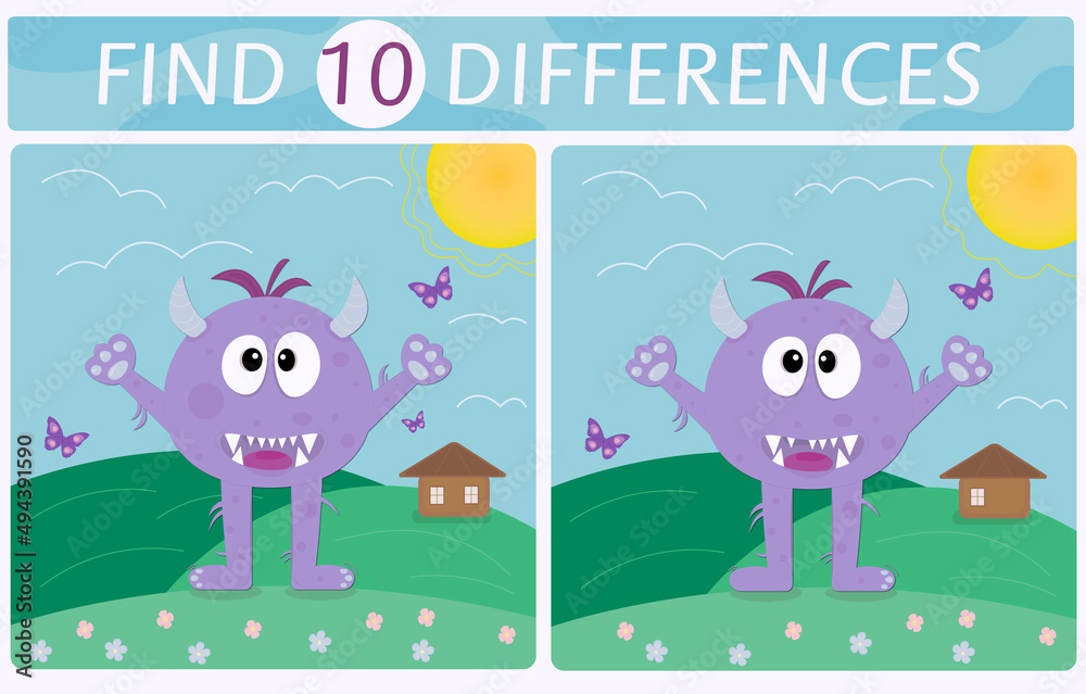 Find 10 differences. Children's Card with purple fanny monster, field ...