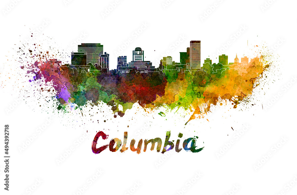 Columbia skyline in watercolor splatters with clipping path Stock ...