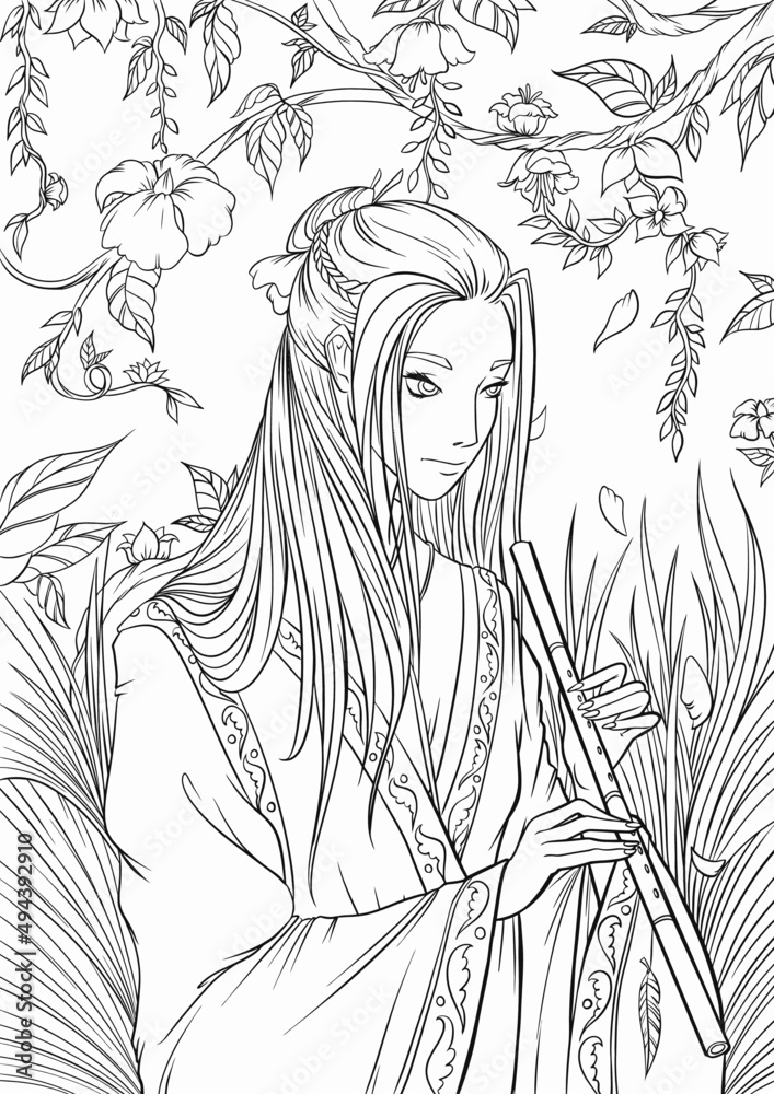 Coloring page of japanese samurai warrior with flowers on the ...