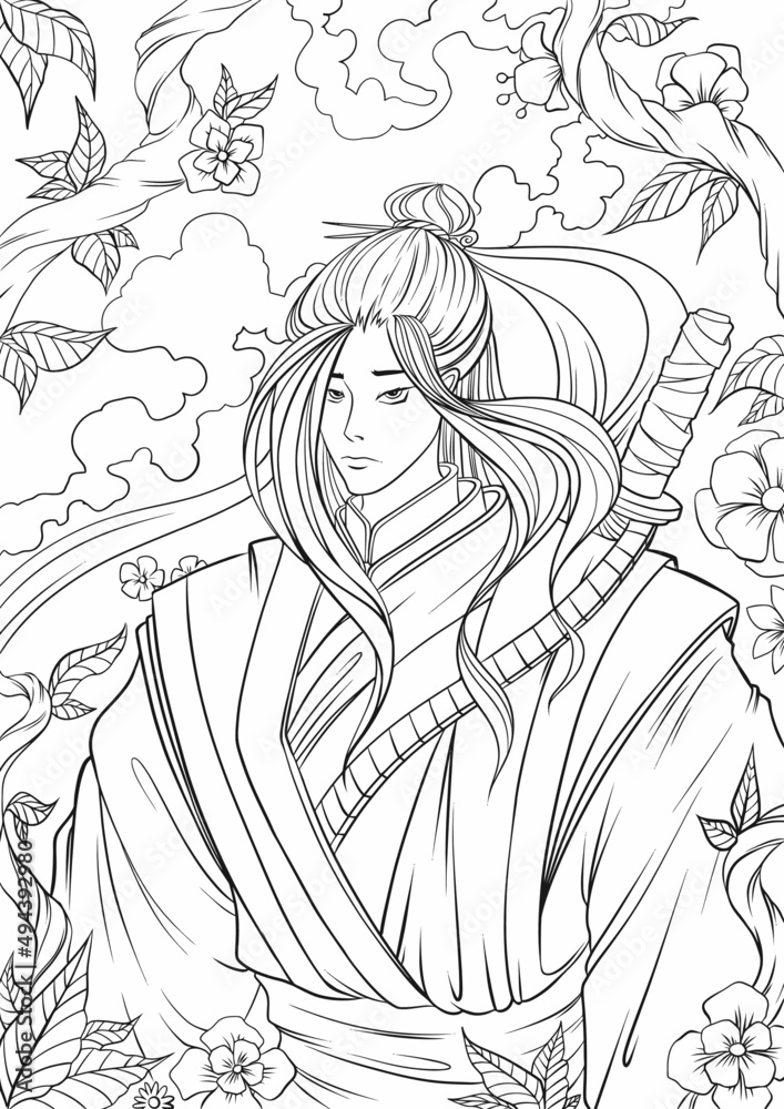 Coloring page of japanese samurai warrior with flowers on the ...