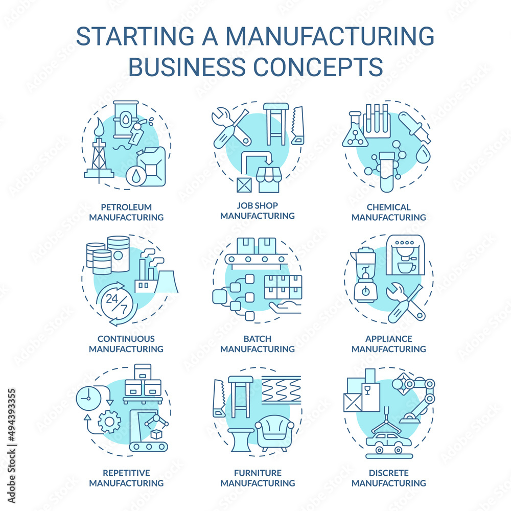Starting manufacturing business turquoise concept icons set. Production ...