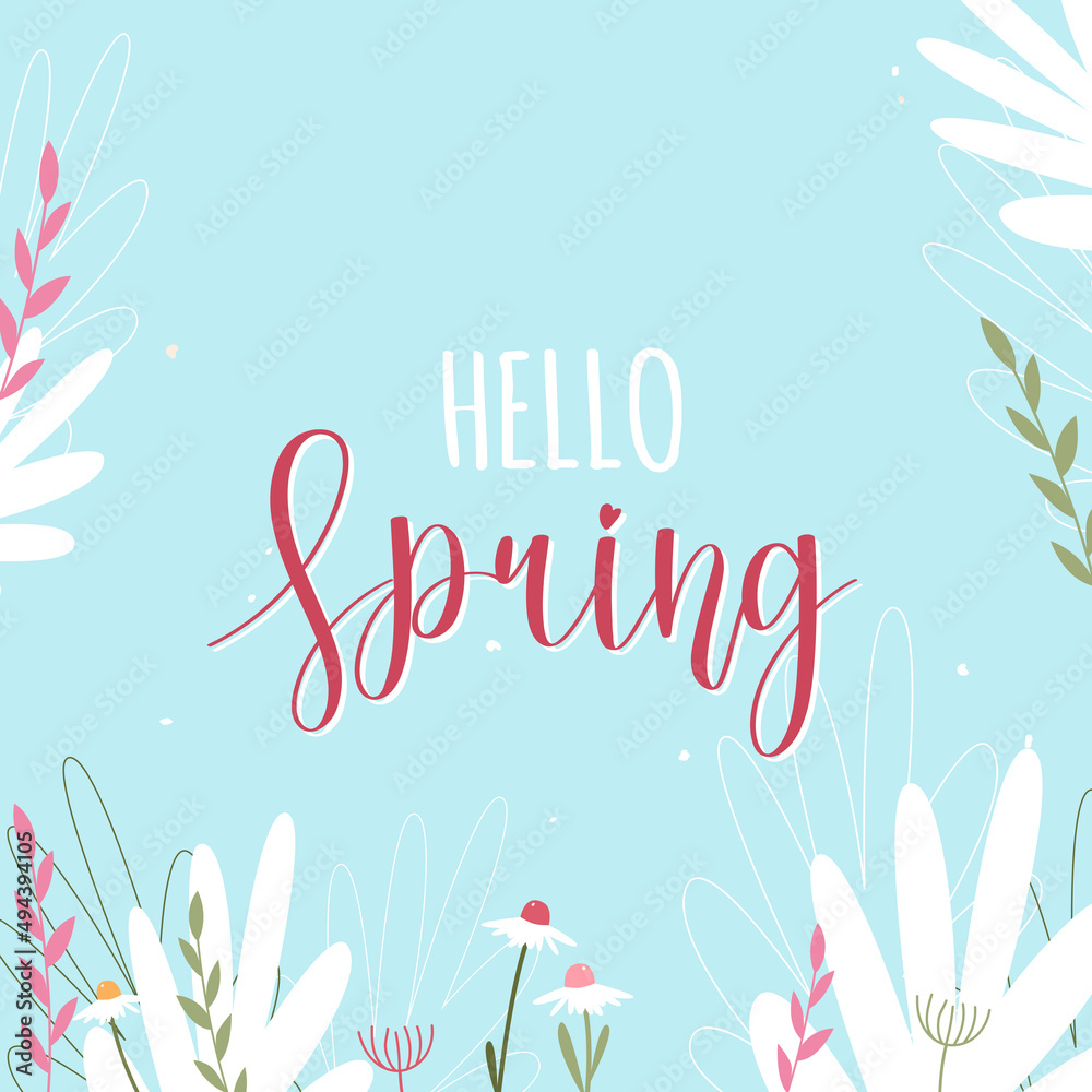 Hello spring. Blue banner with white and pink flowers and twigs. Flat ...