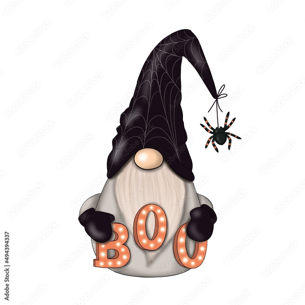 Halloween Gnome With Sign Boo Hand Drawn Illustration Stock ...