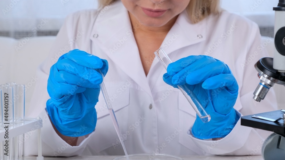 female scientist laboratory assistant uses micropipettes to fill test ...