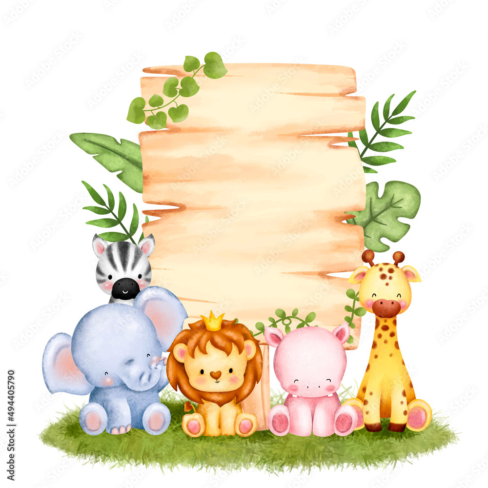Vetor de Watercolor Wooden sign and safari animals do Stock | Adobe Stock