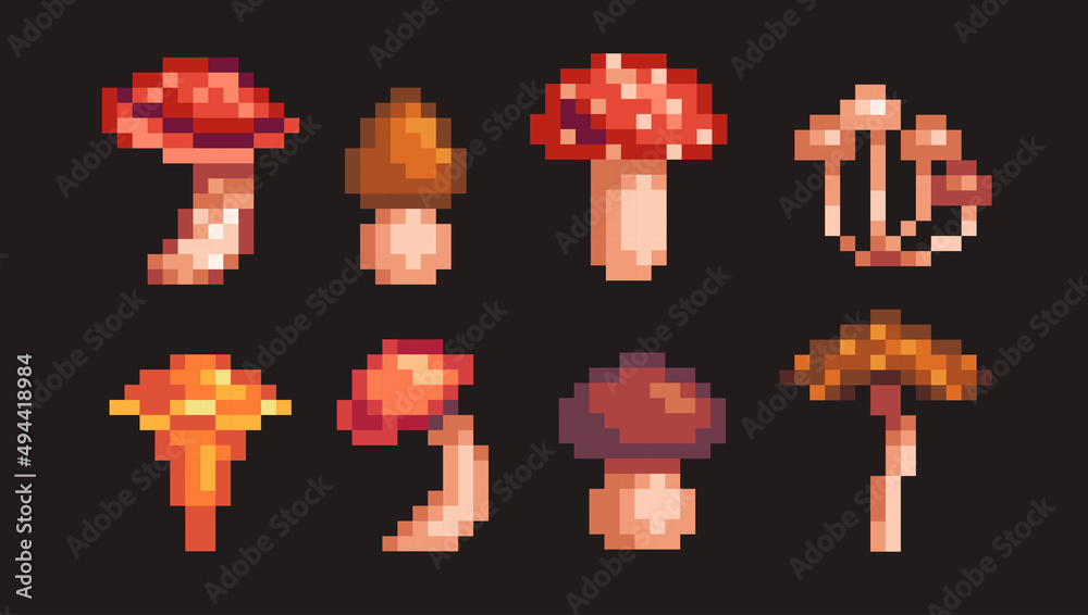 Mushrooms pixel art set. Fungi, forest plants collection. 8-bit sprite ... Mushrooms pixel art set. Fungi, forest plants collection. 8-bit sprite ...