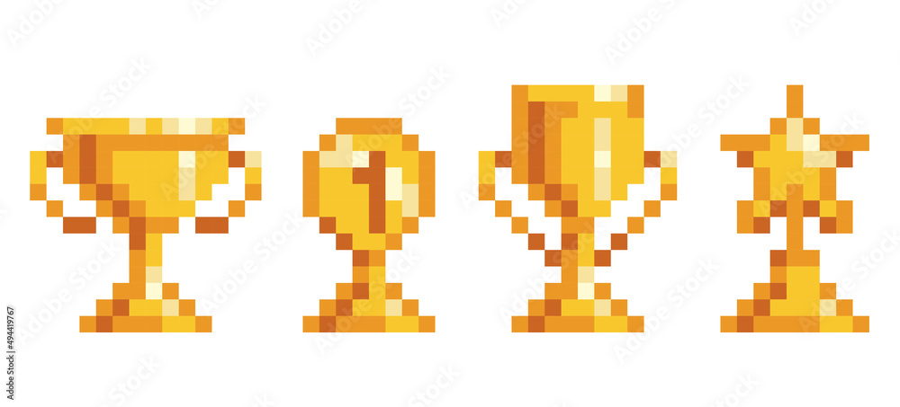 Winner cups, trophy pixel art set. Achievement reward, first place ...