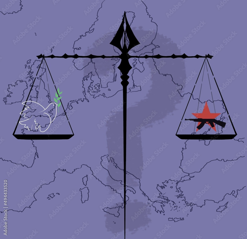 scales of justice, dove of peace and agression, map of Europe as a ...