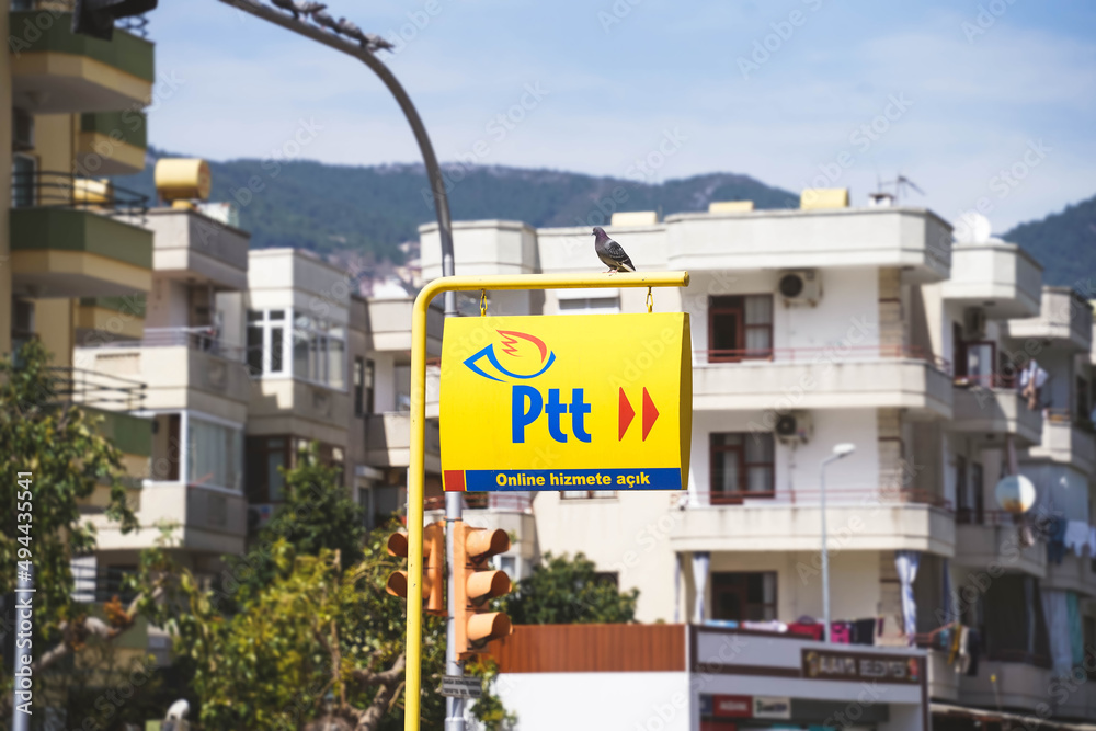 Logo turkish PTT outside a post office, with history of over 170 years ...