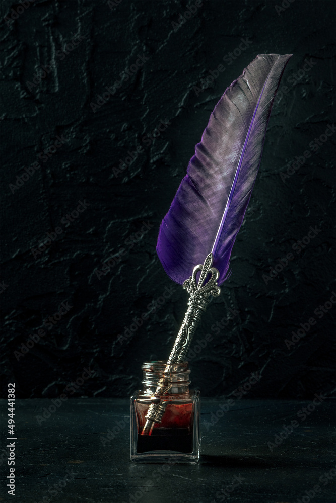 Feather quill pen with a vintage ink well, a side view on a black ...