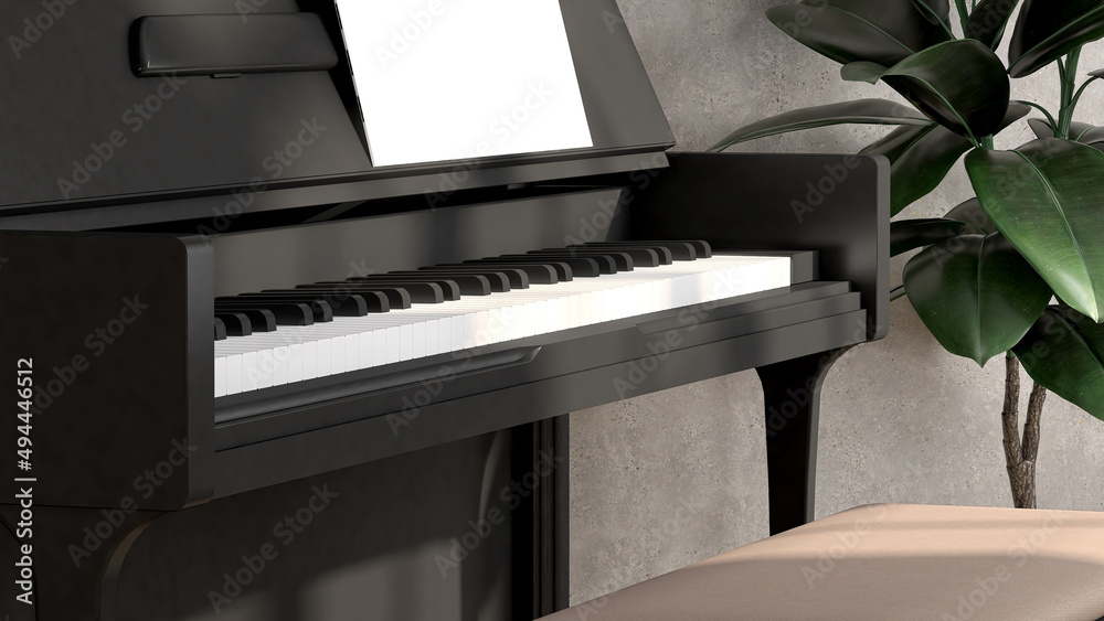 Realistic 3D render close up of an elegant shinny black grand piano and ...