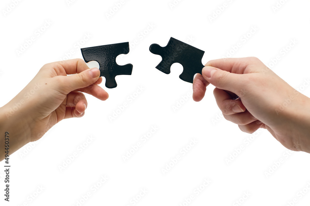 Two hands connect a puzzle on a white background close-up. The concept ...