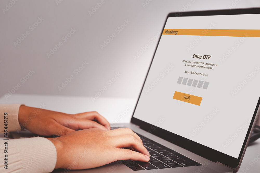 Woman hand enter password for login banking account on laptop, one time ...