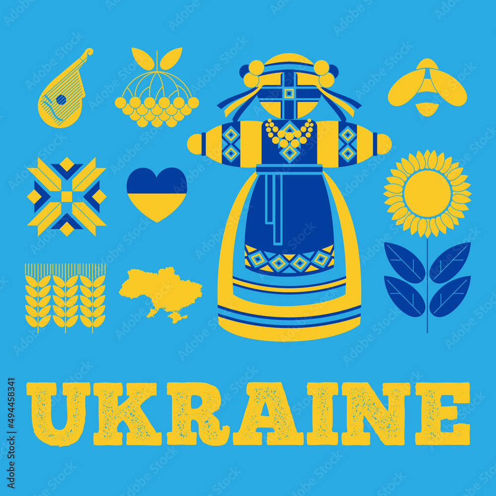 Ukrainian traditional symbols : doll motanka, kobza music instument ...