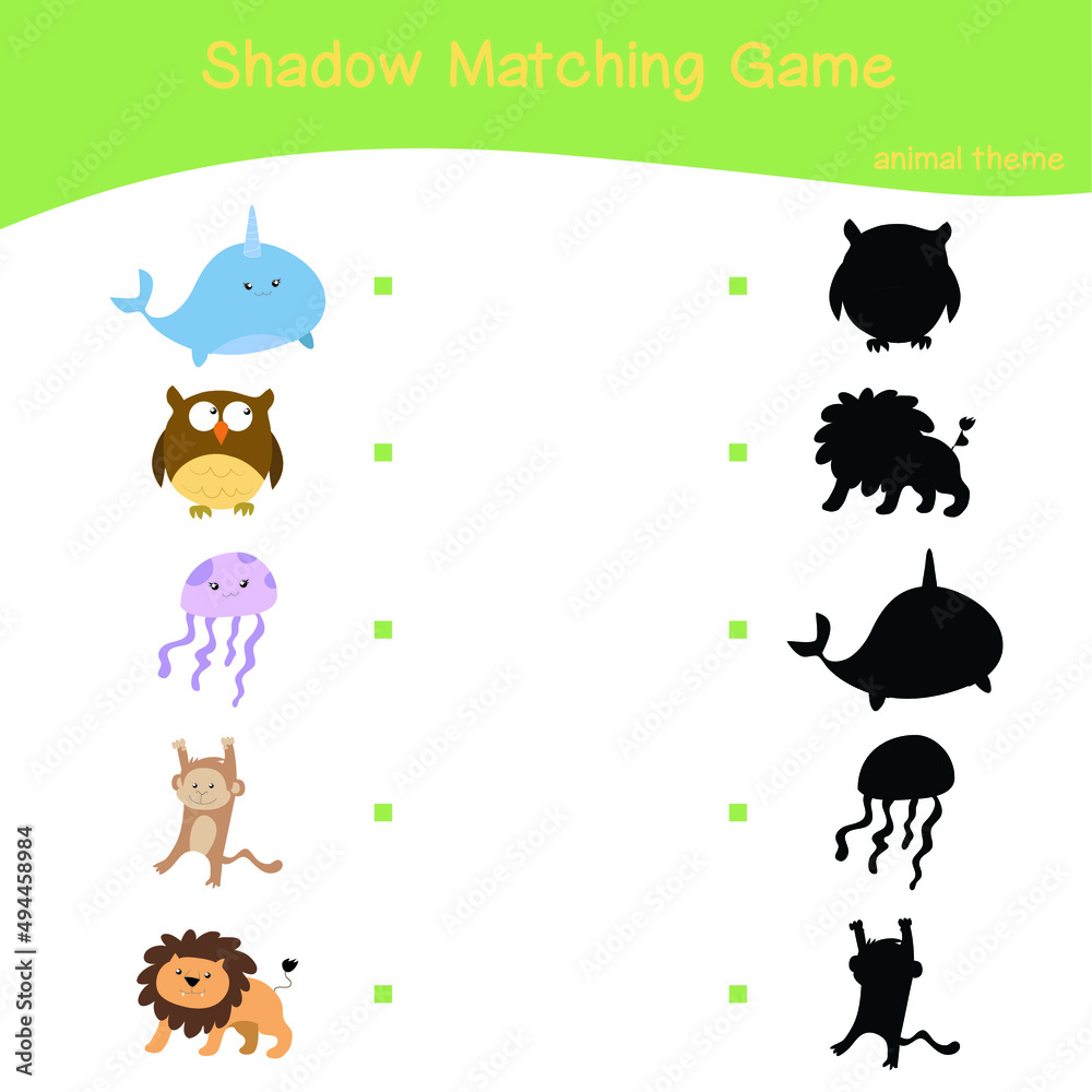 Animals matching shadow game for Preschool Children. Educational ...