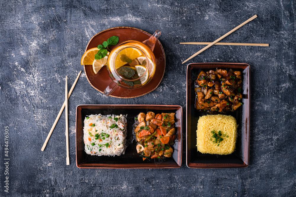Assorted Chinese food full set. Chinese noodles, fried rice. Famous ...