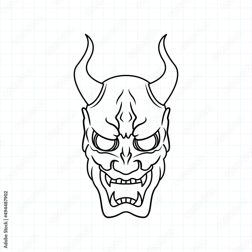 Hand drawn Japanese Oni demon mask coloring page, Vector illustration ...