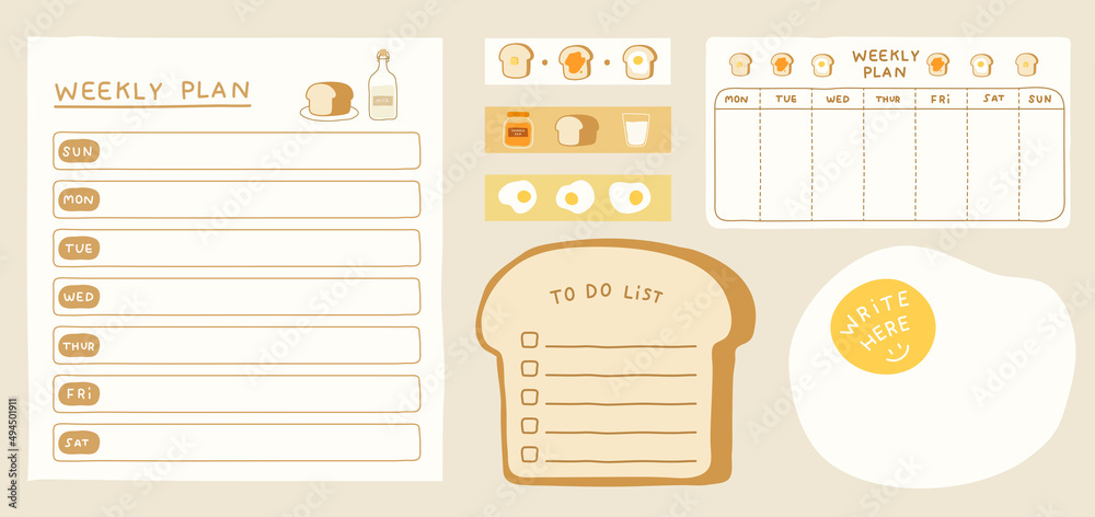 Set of cute weekly plan and memo not pad template with cozy breakfast ...
