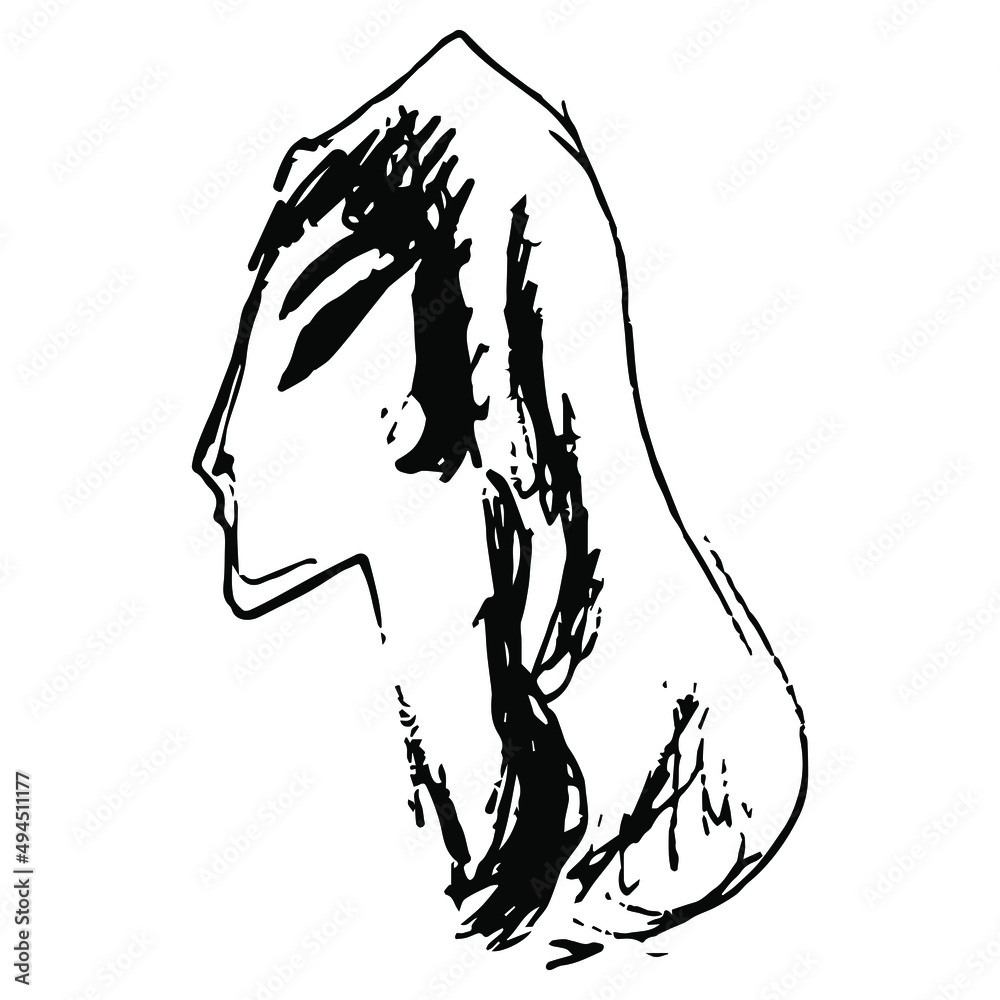 Female head in a hood or mantilla. Creative art. Hand drawn linear ...