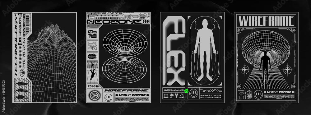Collection of modern trendy techno prints. In Techno style, print for ...