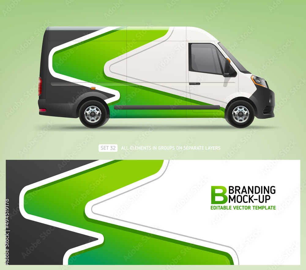 Vetor de Realistic side view Van mockup and wrap decal or livery ...