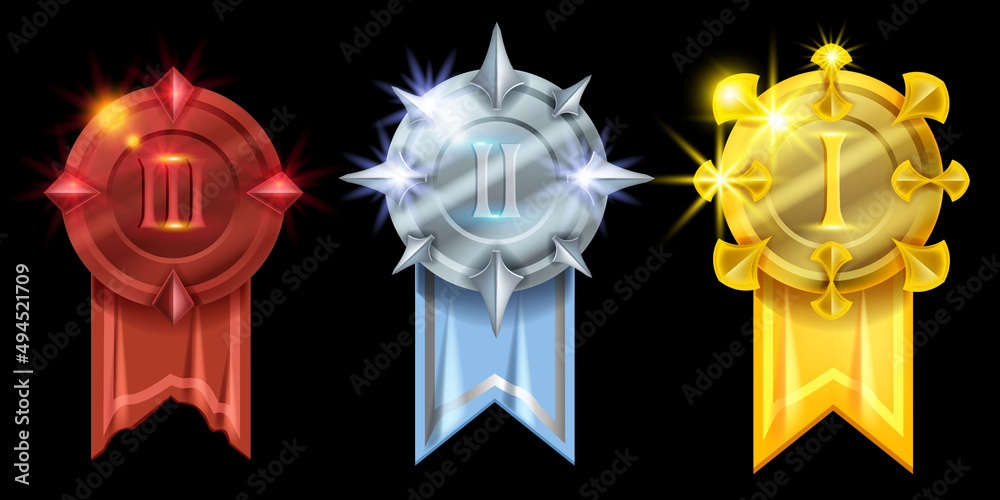 Game medal badge kit, vector award UI icon set, golden bronze silver ...
