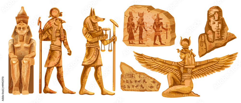 Egypt stone statue set, vector ancient rock ruin, pharaoh clay figurine ...