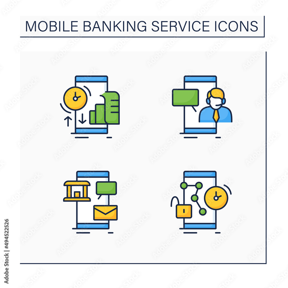 Mobile banking service color icons. Transaction history, customer care ...