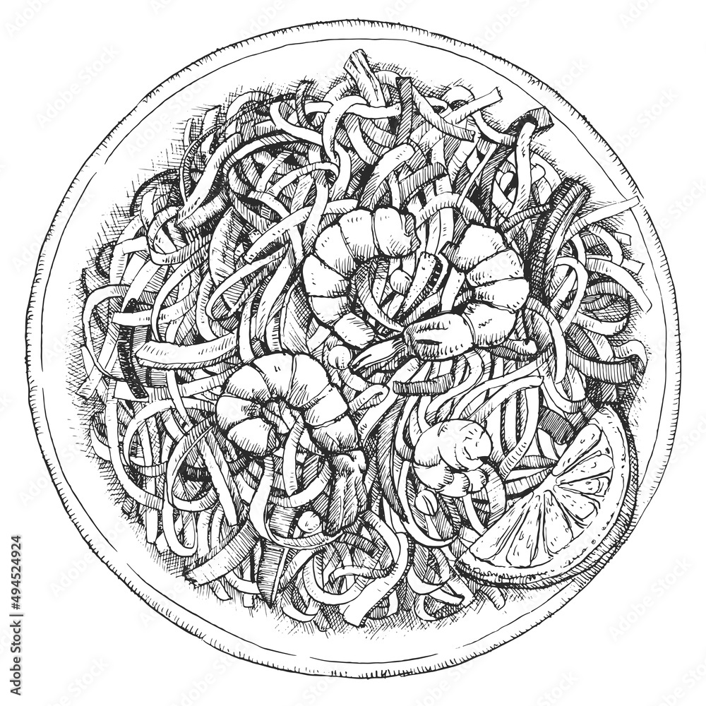 Asian dishes. Hand-drawn illustration of Shrimp Stir Fry Noodle. Vector ...