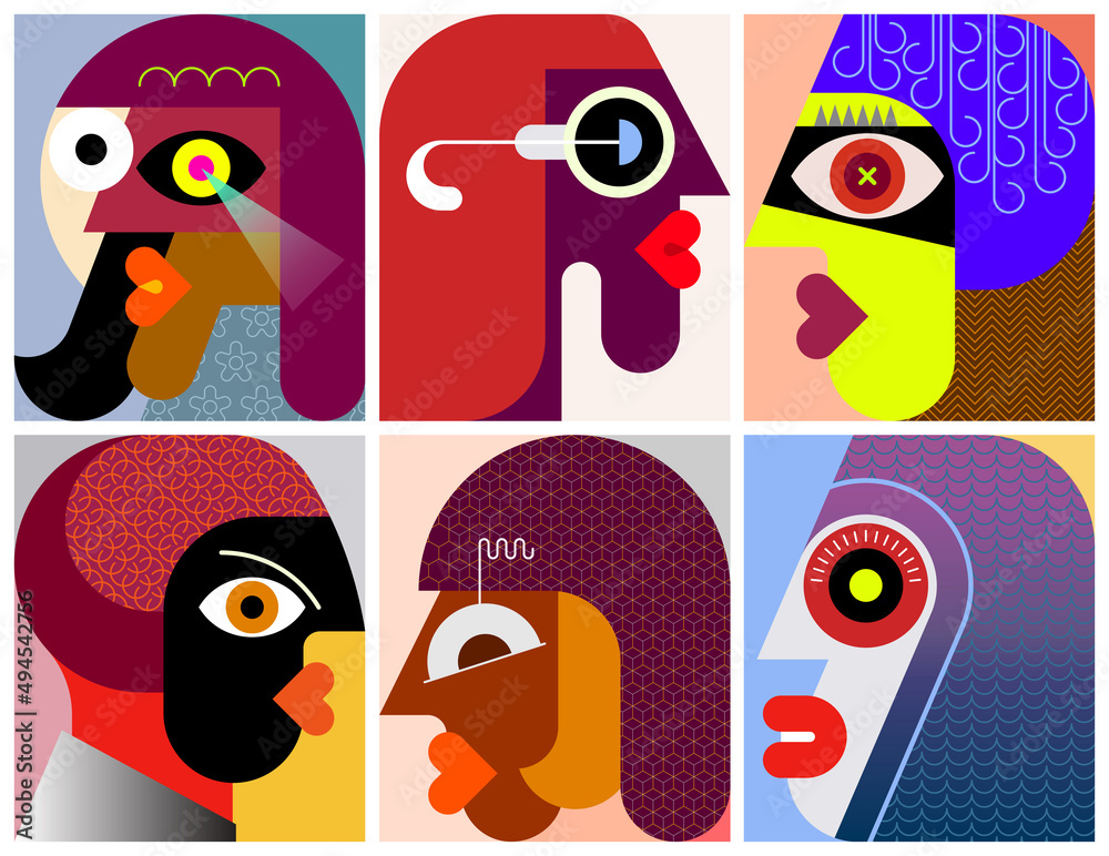 Six different faces modern art grahic illustration. Design of six ...