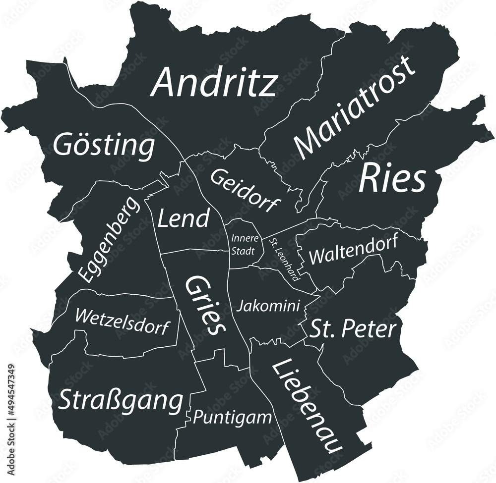 Dark gray flat vector administrative map of GRAZ, AUSTRIA with name ...