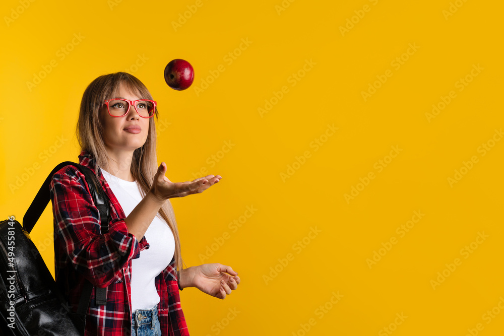 Girl student wears casual clothes and red eyewear. Smart Young woman ...