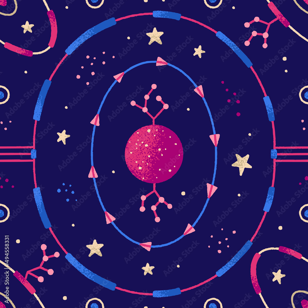Space seamless patterns of planet, stars, other celestial bodies ...