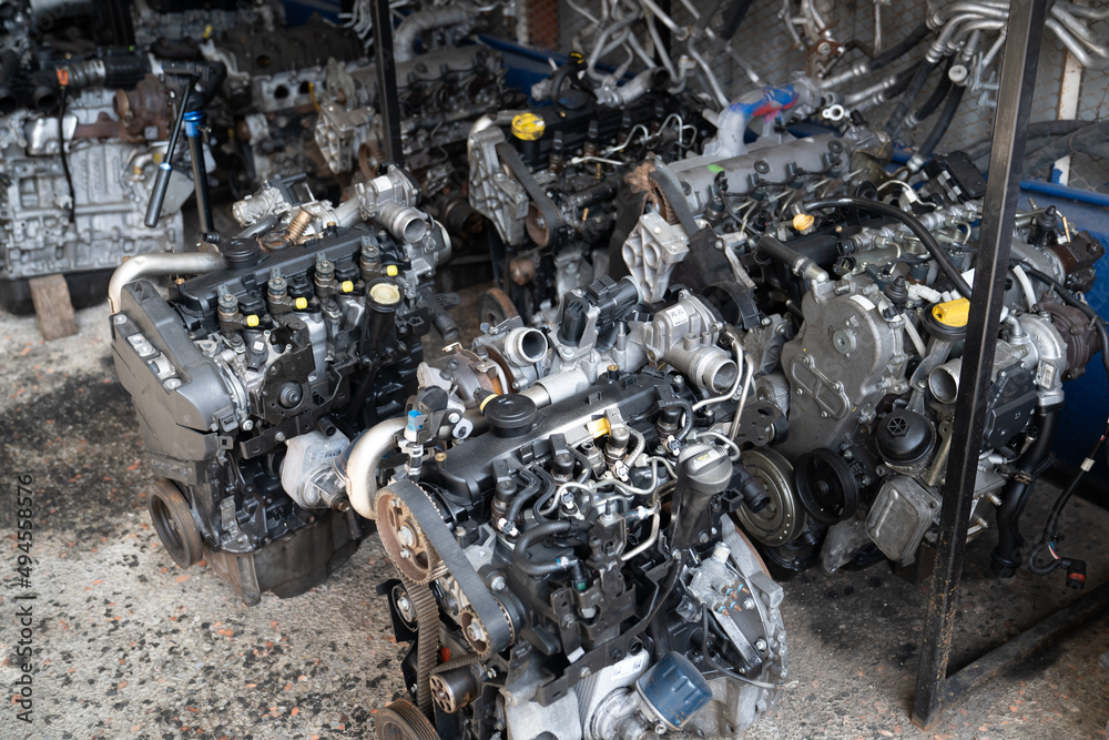 Used old working complete engine block and auto parts Stock Photo ...