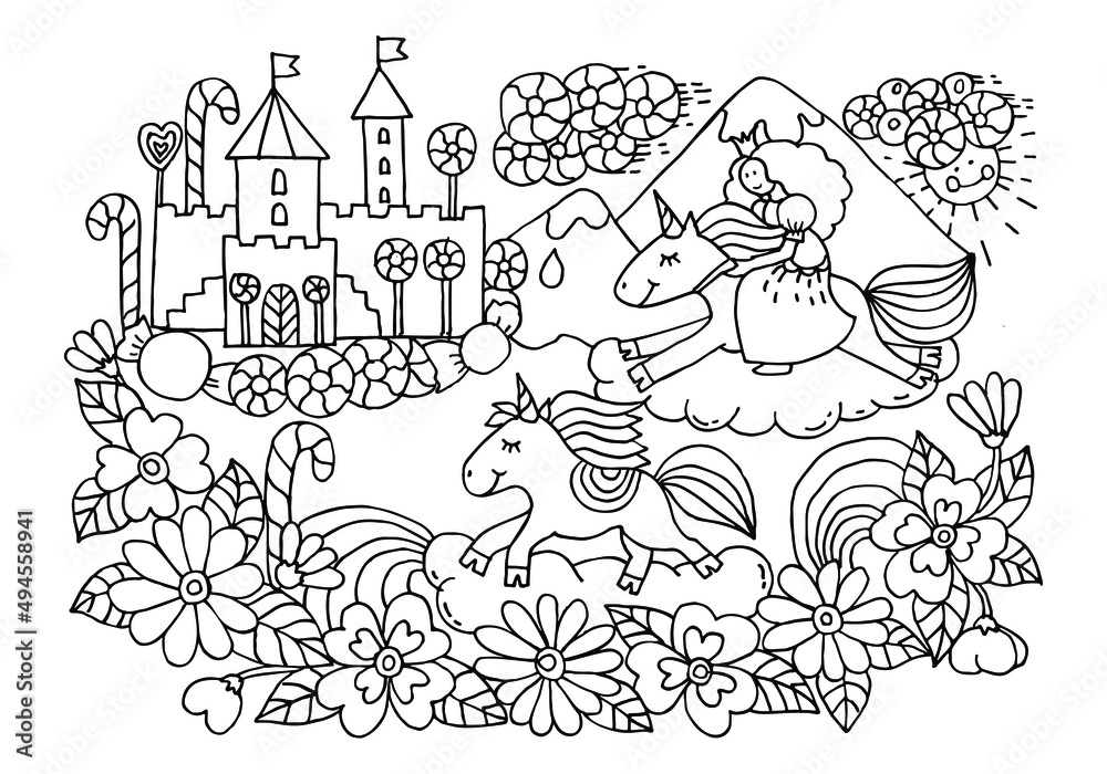 Coloring page with unicorns and princess. Fairy tale candy castle with ...