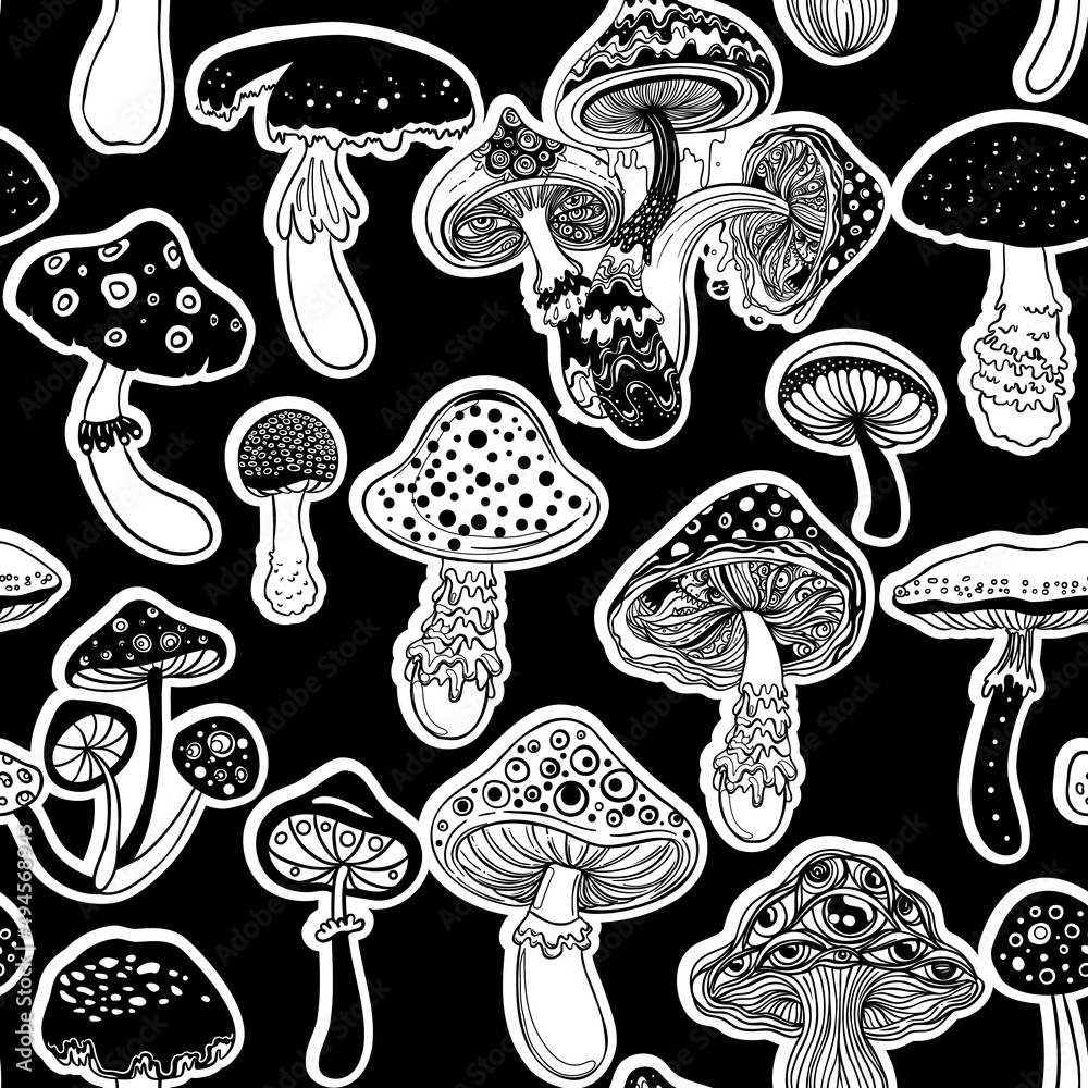 Magic mushrooms seamless pattern. Psychedelic hallucination. 60s hippie ...