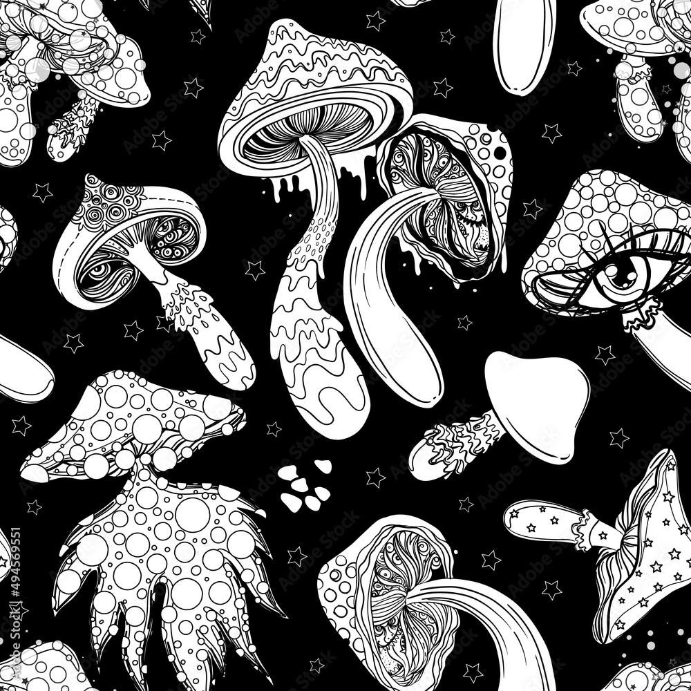 Magic mushrooms seamless pattern. Psychedelic hallucination. 60s hippie ...