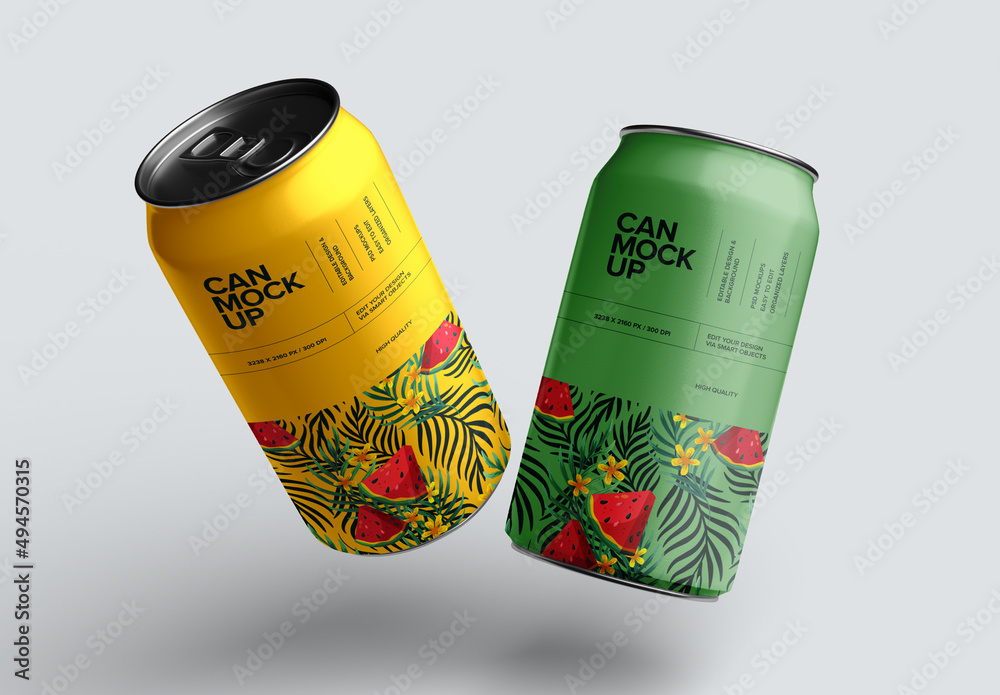 Floating Beverage Can Mockup – Dual Aluminum Drink Can Scene for Juice ...