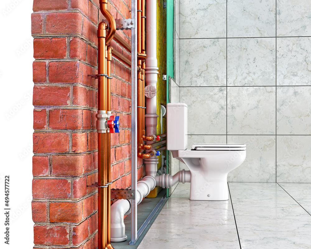A process of installing a toilet bowl to the plumbing pipes inside the ...