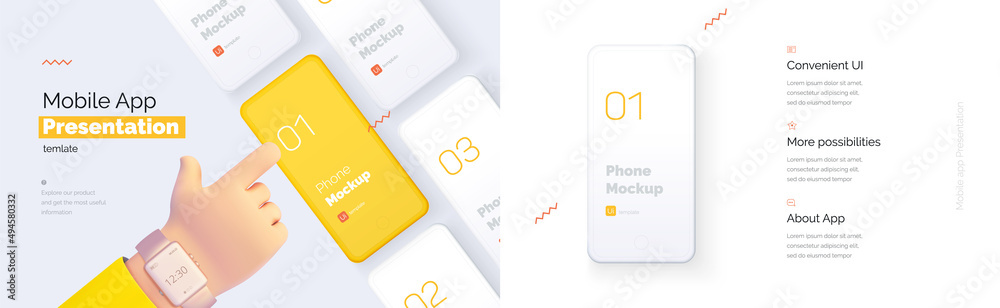Modern presentation of a mobile application. Mobile phone mockup on a ...