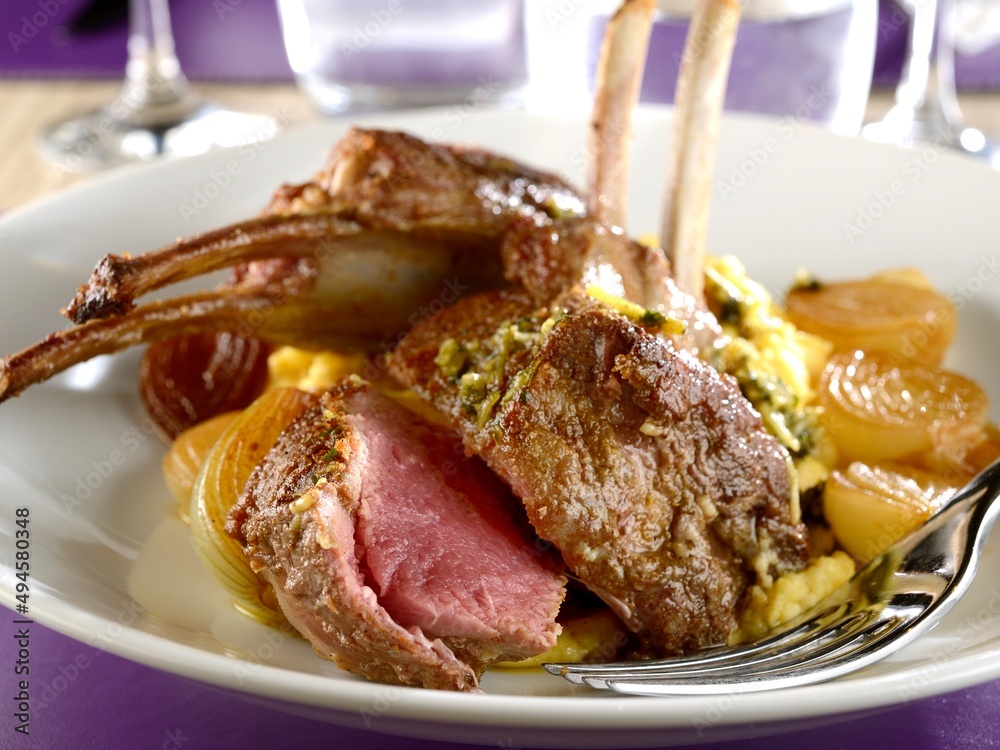 Lamb carré with mashed potatoes and onions Stock Photo | Adobe Stock