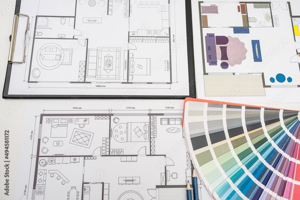 House plans with color palettes for repair at workplace Stock Photo ...