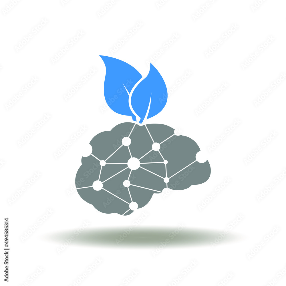 Vector illustration of brain with leaves or sprout. Icon of personal ...