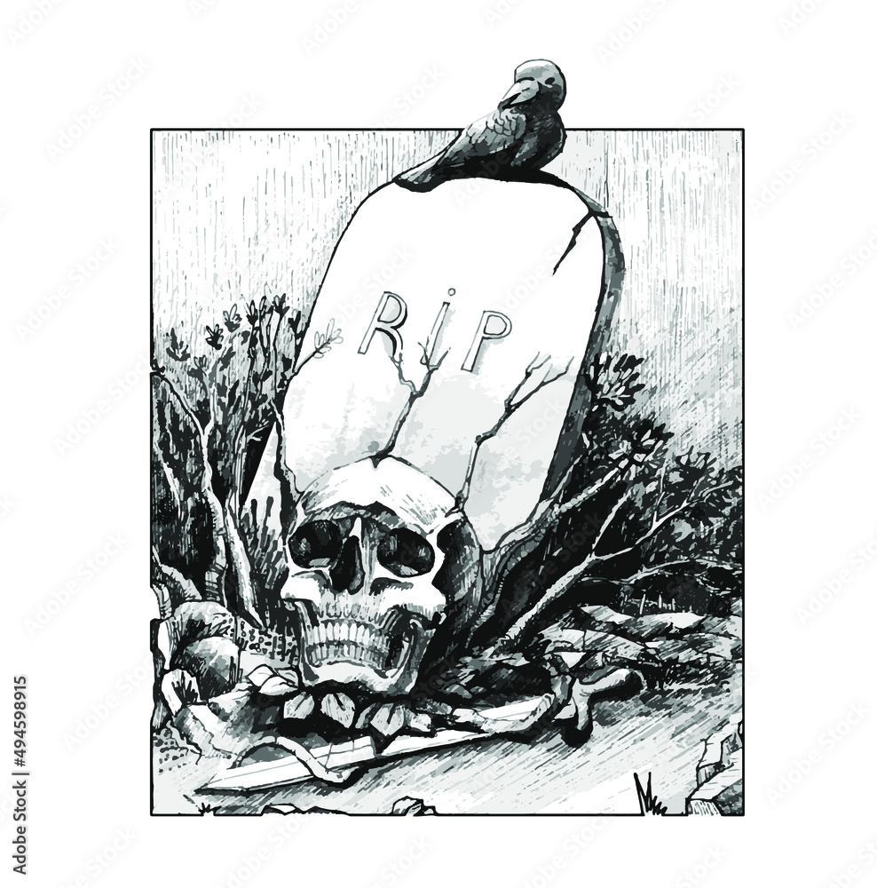RIP gravestone, skull, raven and stones. Black and white illustration ...