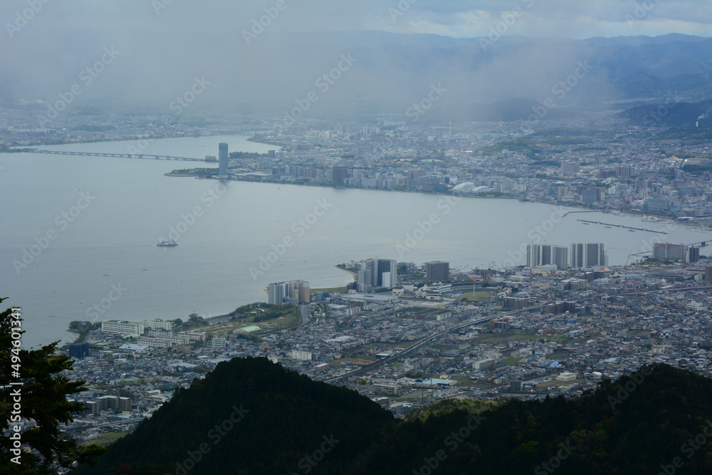 Bird's eye view of biwako lake and Otsu city from Mt. HIEIZAN Stock ...
