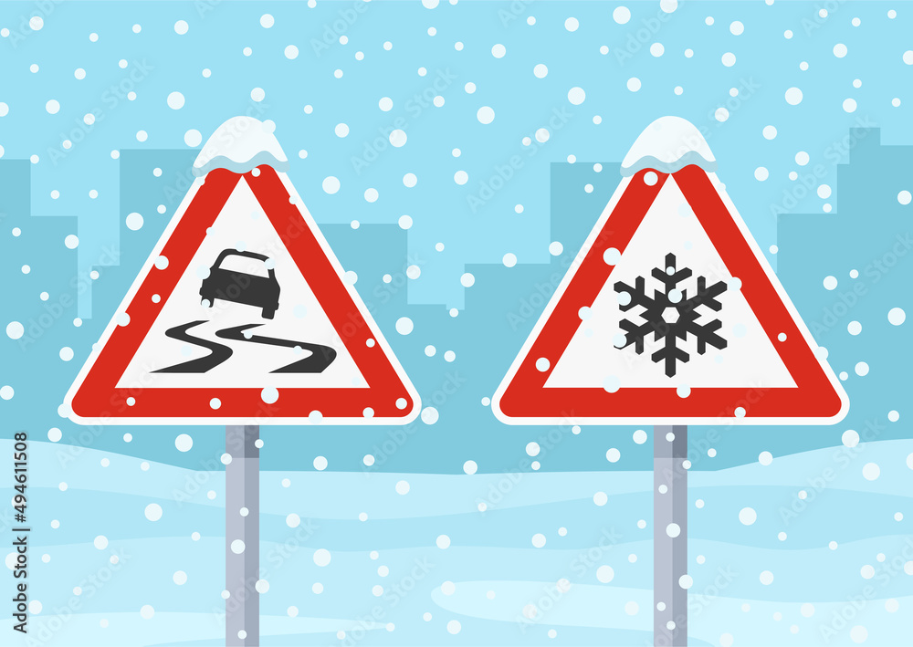 Safety driving rules and tips. Winter snow and icy road traffic signs ...