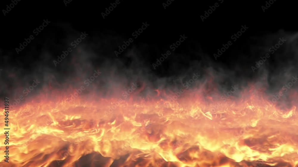 A layer of fire boils at the bottom of the black screen, emitting light ...